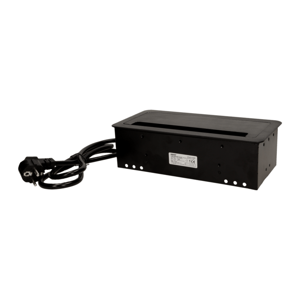 Čierna vstavaná zásuvka do nábytku 2x16A + USB + LAN s flexo káblom