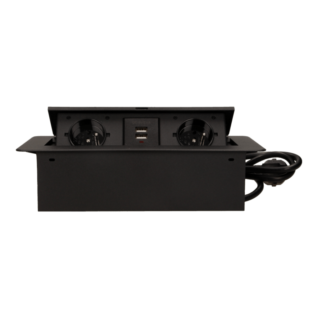Čierna výklopná zásuvka do nábytku 2x16A + USB s flexo káblom I ForLED
